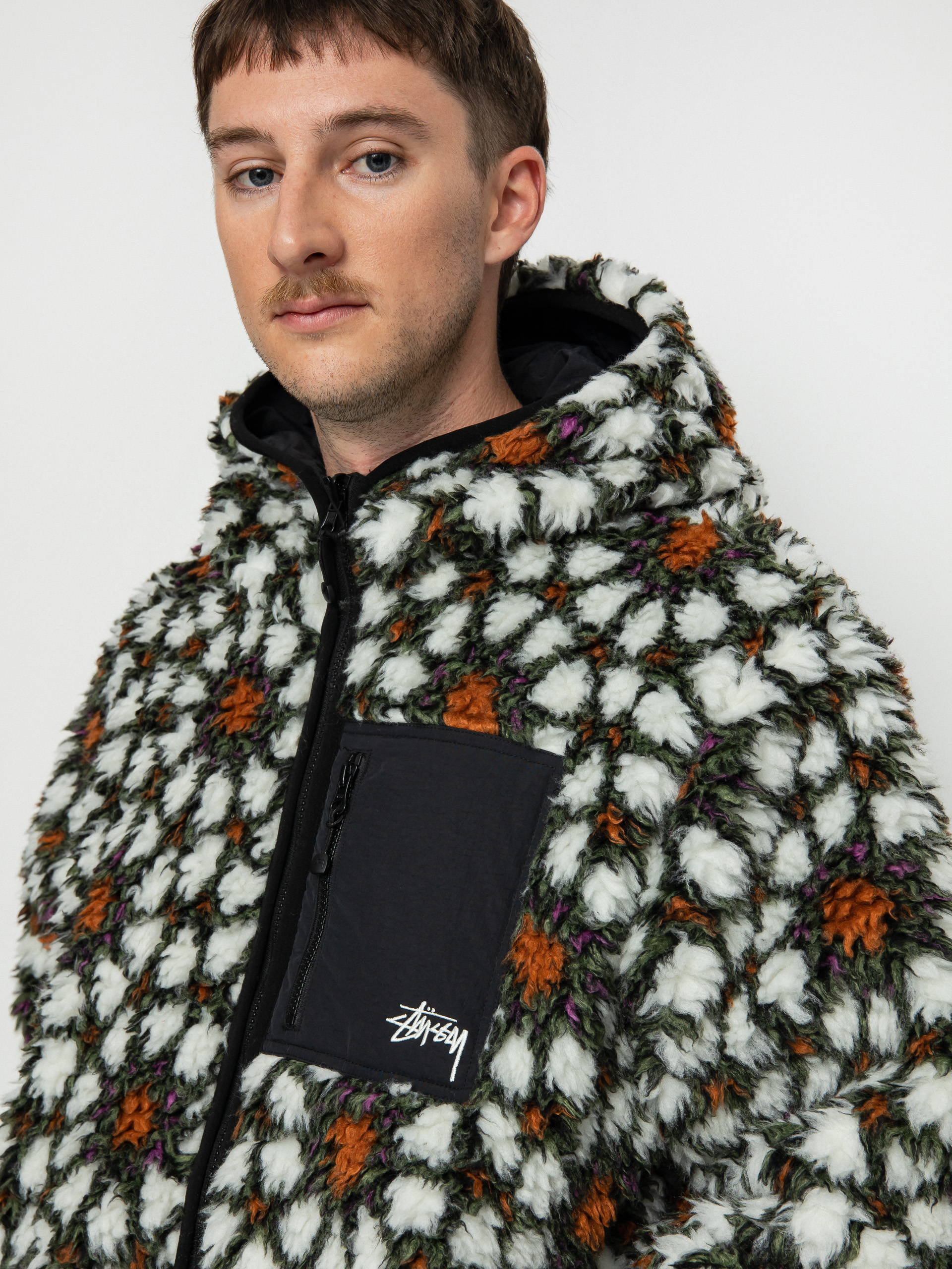 Bunda Stussy Pattern Sherpa - biela, zelená (natural)